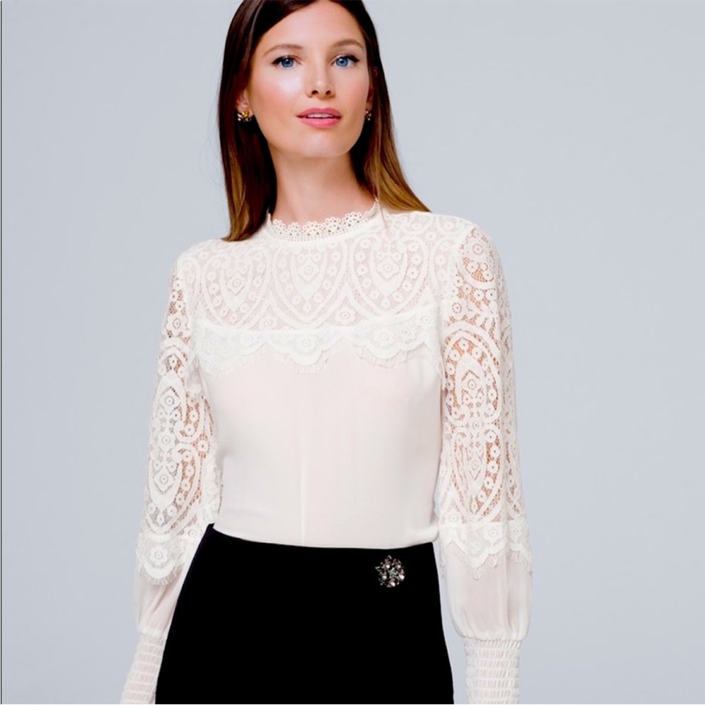Whbm White Lace Blouse With Sheer Overlay - Gem
